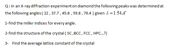 In an X-ray diffraction experiment on diamond, the following peaks were determined at the ...