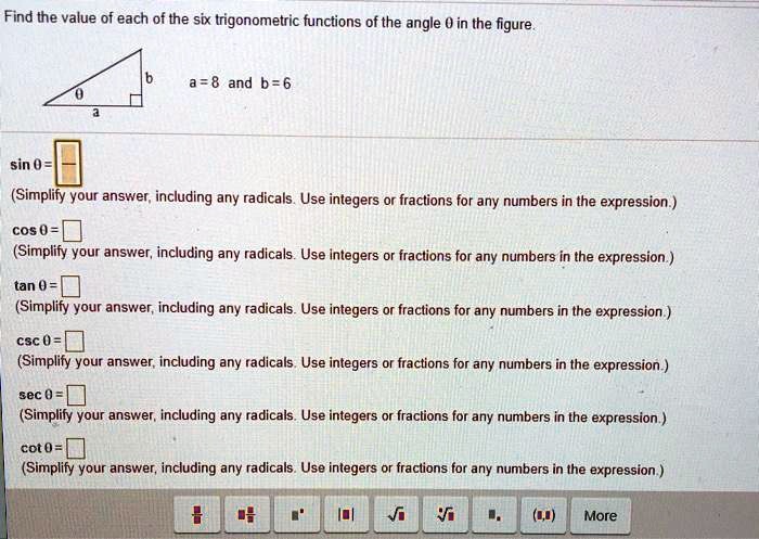 SOLVED: Find the value of each of the six trigonometric functions of the angle Î¸ in the figure ...