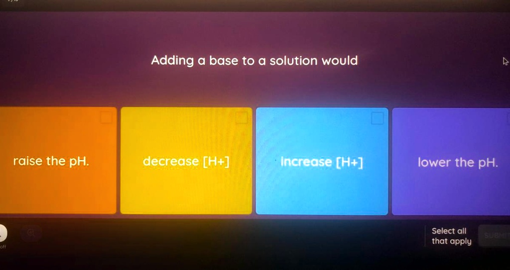 SOLVED: Adding a base to a solution would raise the pH: decrease [H+ ...
