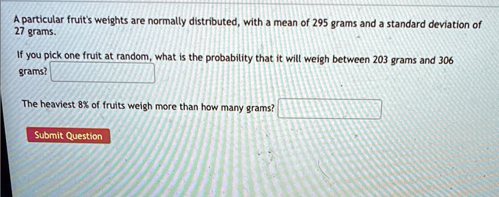 SOLVED: A particular fruit's weights are normally distributed, with a ...