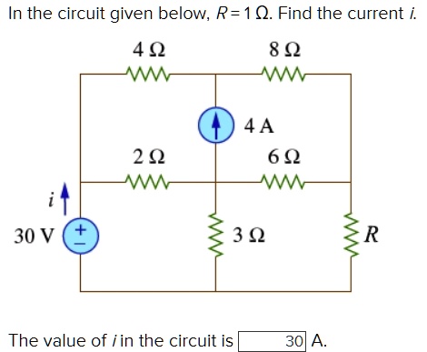 In the circuit given below, R = 1 ?. Find the current i. 4 ? 8? 4 A 2 ? 6 ? i 30 V 3 ? R The ...