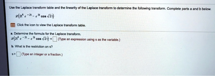 SOLVED: Use the Laplace transform tabl and tho lincarity of the Laplace transfomm determine the ...