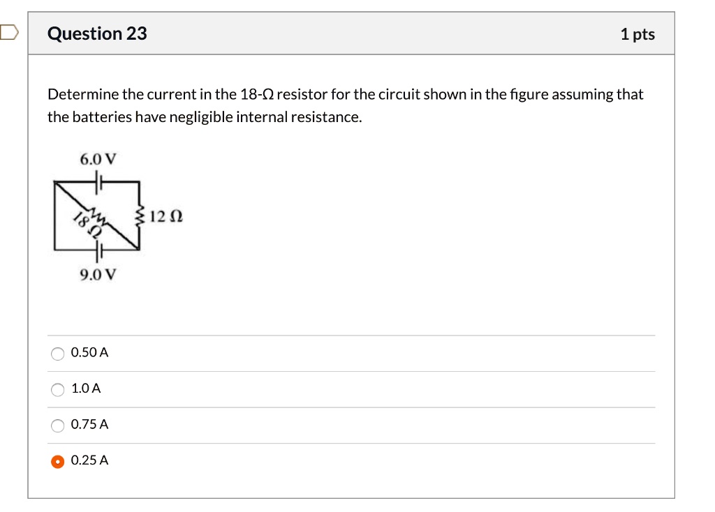 SOLVED: Question 23 1pts Determine the current in the 18-Q2 resistor for the circuit shown in ...