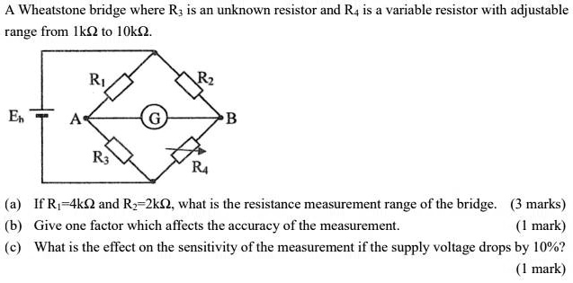 SOLVED: A Wheatstone bridge where R3 is an unknown resistor and R4 is a variable resistor with ...