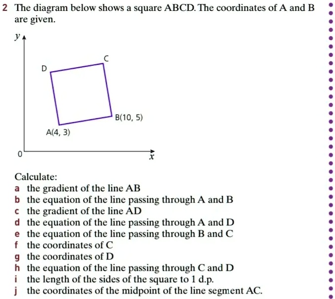 2 The diagram below shows a square ABCD. The coordinates of A and B are ...