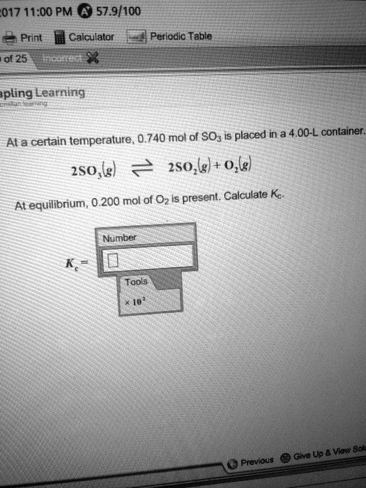 At a certain temperature, 0.740 mol of SO3 is placed in a 4.00-L container. 2SO3(g) ⇌ 2SO2(g ...