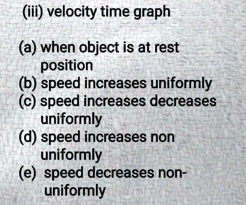 (iii) velocity time graph (a) when object is at rest position (b) speed increases uniformly (c ...