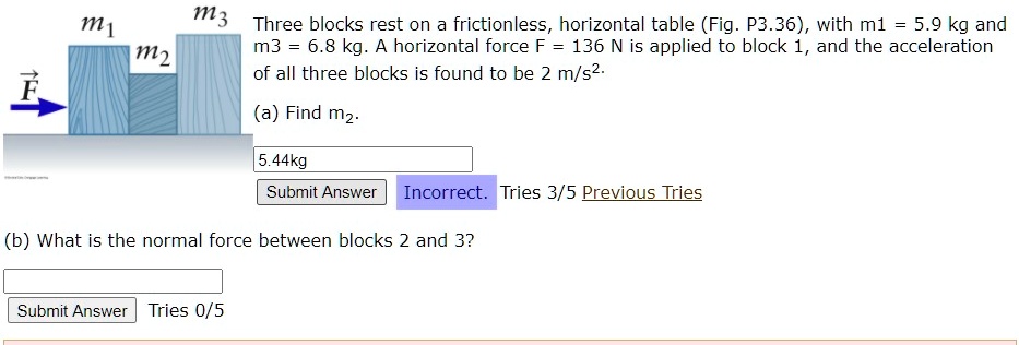 SOLVED: Three blocks rest on a frictionless, horizontal table (Fig. P3.36), with m1 = 5.9 kg and ...