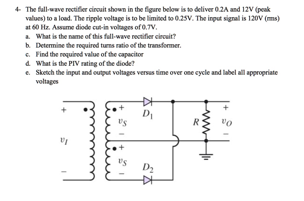 SOLVED: The full-wave rectifier circuit shown in the figure below is to deliver 0.2A and 12V ...