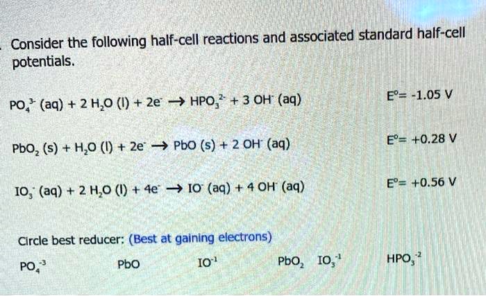 SOLVED: Consider the following half-cell reactions and associated ...
