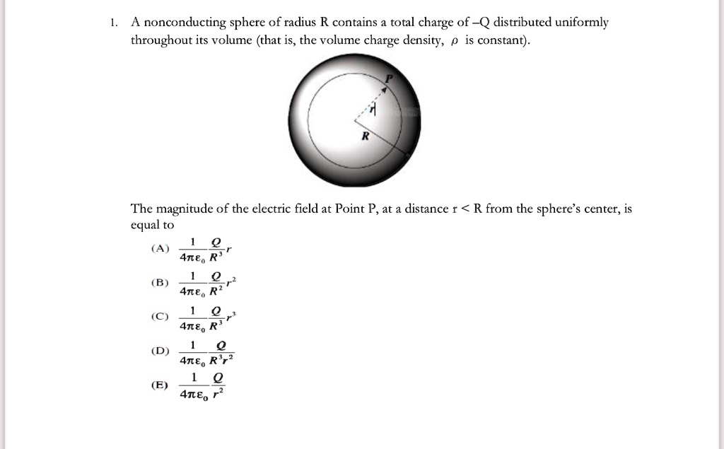 SOLVED: nonconducting 'sphere= of radius R contains total charge of -Q distributed uniformly ...
