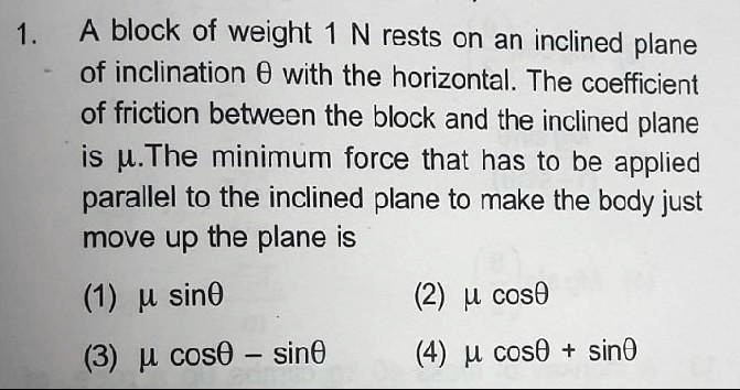 1. A block of weight 1 N rests on an inclined plane of inclination θ with the horizontal. The ...