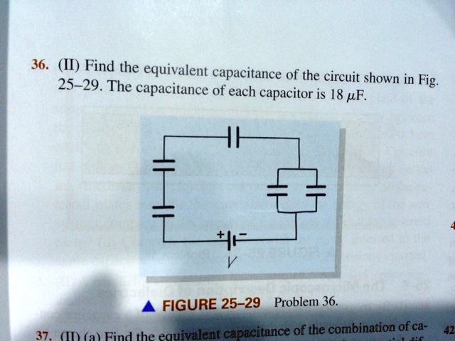 36. (II) Find the equivalent capacitance of the circuit shown in Fig. 25-29. The capacitance of ...