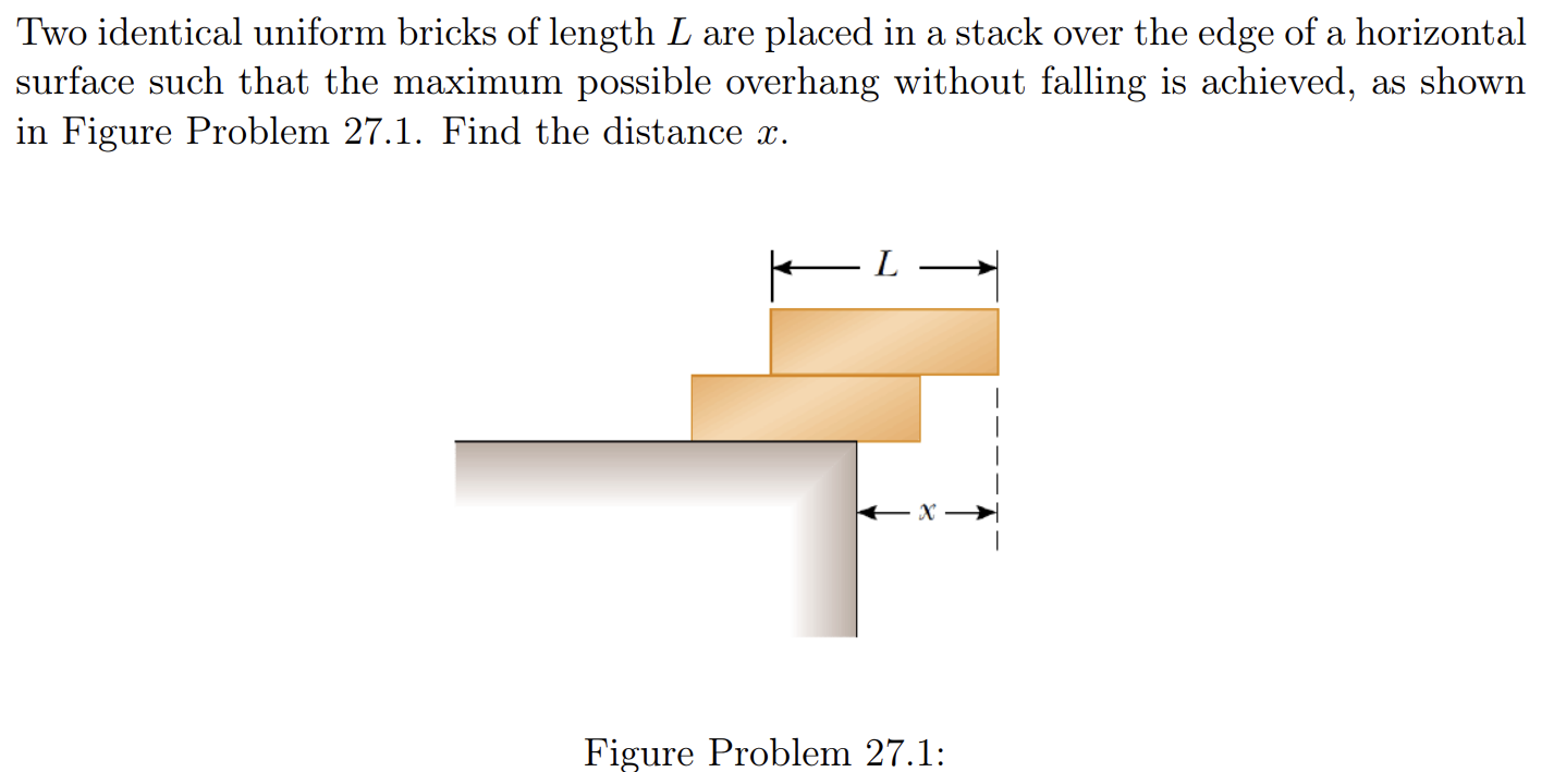 Two identical uniform bricks of length L are placed in a stack over the edge of a horizontal ...