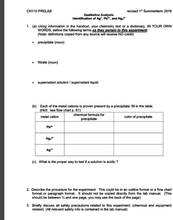 SOLVED: CH110 PRELAB Revised 1 Summer Term 2019 Qualitative Analysis: Identification of Ag*, Pb ...