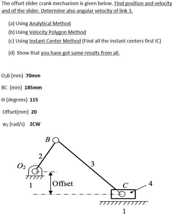 The offset slider crank mechanism is given below. Find position and velocity and of the slider ...