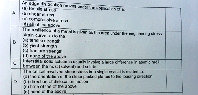 SOLVED: An edge dislocation moves under the application of a: tensile ...