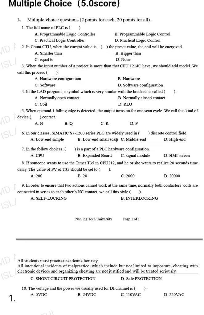 SOLVED: Multiple Choice (5.0score I.Multiple-choice questions (2 points for each, 20 points for ...