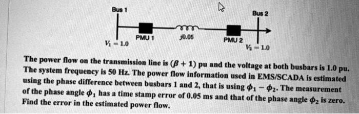Bus 1 Bus 2 Pmu 1 0 05 Pmu 2 V1 1 0 V2 1 0 The Power Flow On The Transmission Line Is β 1