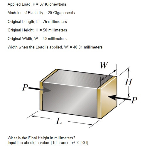 Applied Load, P = 37 Kilonewtons Modulus of Elasticity = 20 Gigapascals ...