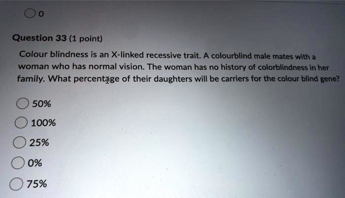 SOLVED: Question 33 (1 point) Colour blindness is an X-linked recessive trait: A colourblind ...