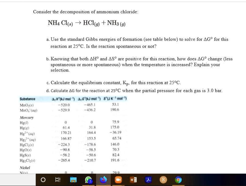 SOLVED: Consider the decomposition of ammonium chloride: NHa Cl(s ...