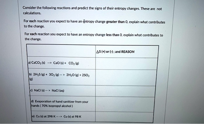 SOLVED: Consider the following reactions and predict the signs of their entropy changes. These ...