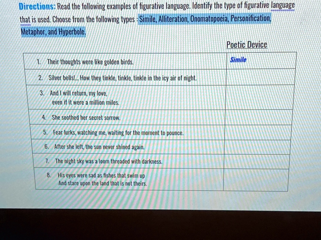 SOLVED: Directions: Read the following examples of figurative language ...