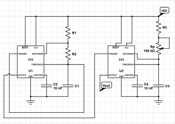 The circuit shown below uses two 555 timers to create a PWM output. Determine the range of the ...