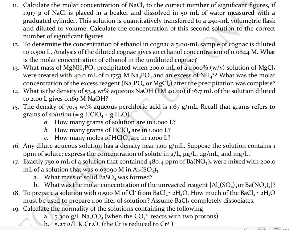 calculate the molar concentration of nacl to the correct number of significant figures if 1917 g ...