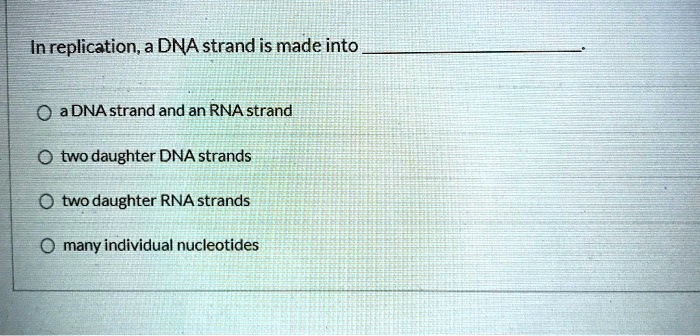SOLVED: In replication, a DNA strand is made into: - a DNA strand and ...