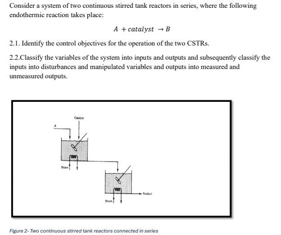 Consider a system of two continuous stirred tank reactors in series, where the following ...