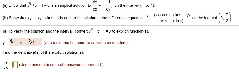 SOLVED: (a) Show that y + x - 1 = 0 is an implicit solution to the ...