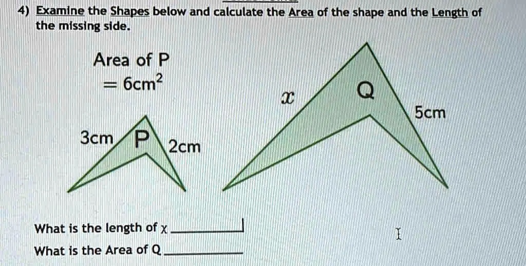 examlne the shapes below and calculate the area of the shape and the length of the mlssing side ...