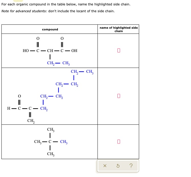 SOLVED: For each organic compound the table below, name the highlighted side chain. Note for ...