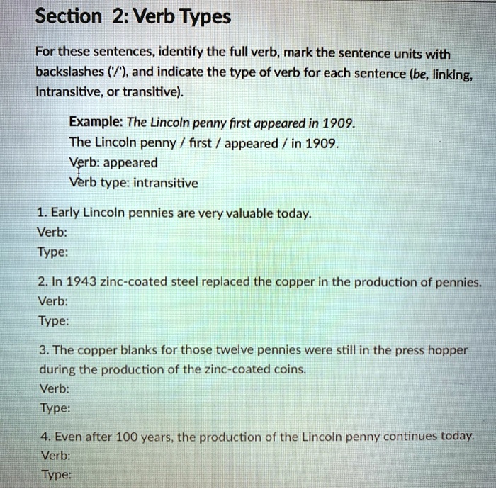 Section 2: Verb Types For these sentences, identify the full verb, mark ...