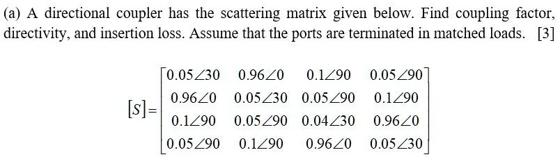 A directional coupler has the scattering matrix given below. Find the ...
