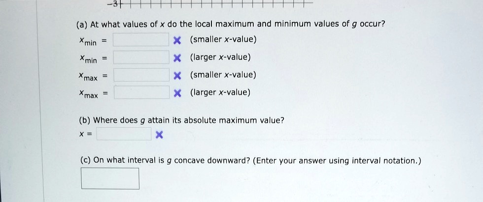 (a) At what values of x do the local maximum and minimum values of g occur? Xmin = X (smaller x ...