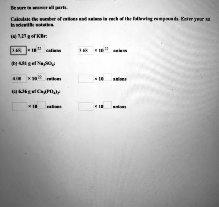 SOLVED: Calculate the number of cations and anions in each of the following compounds. Enter ...