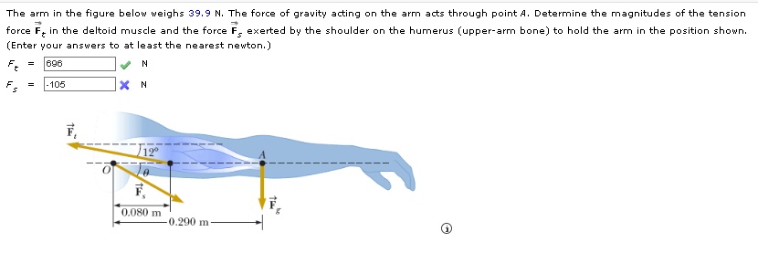 The arm in the figure below weighs 399 n the force of...