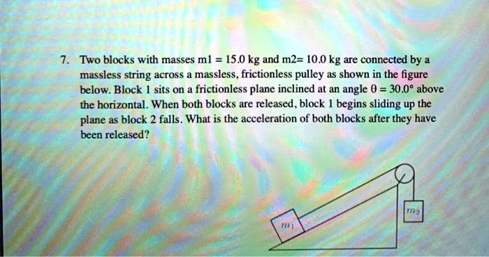 two blocks with masses m 150 kg and m2 100 kg are connected by massless string across massless ...