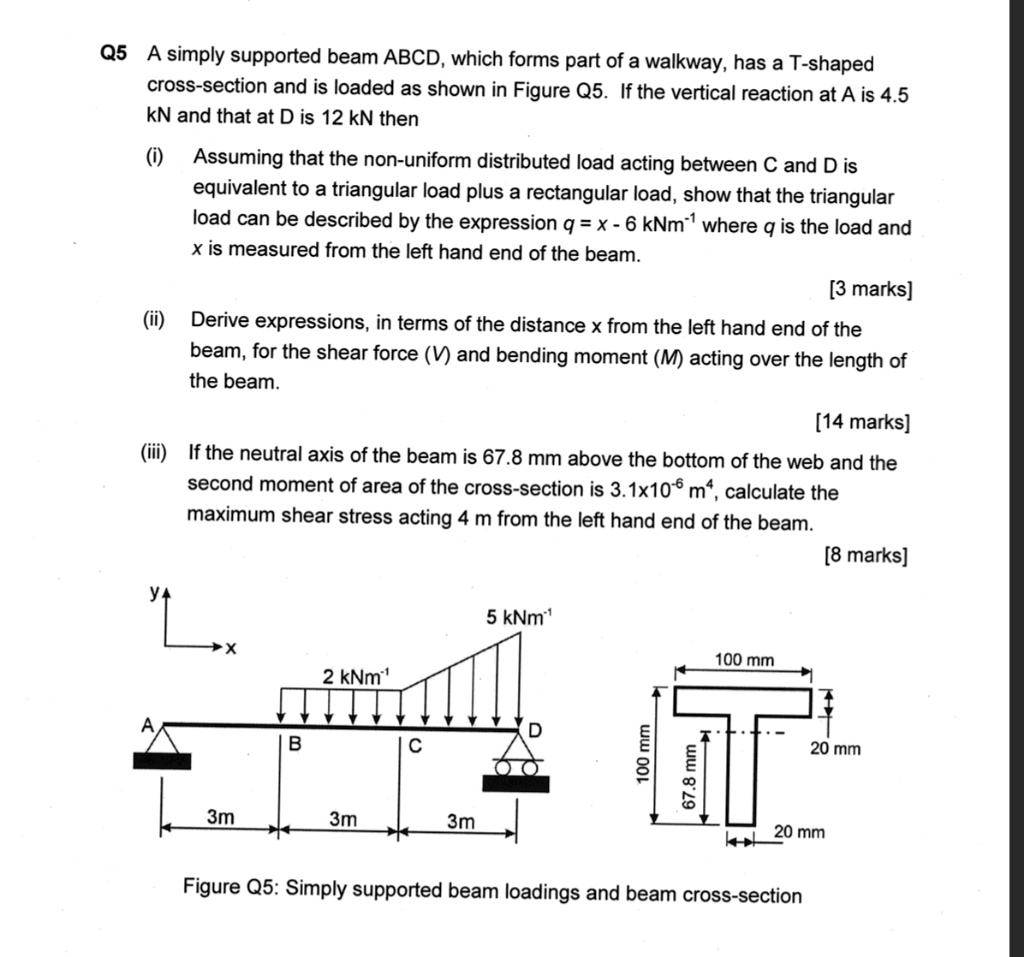 SOLVED: Q5 A simply supported beam ABCD, which forms part of a walkway, has a T-shaped cross ...