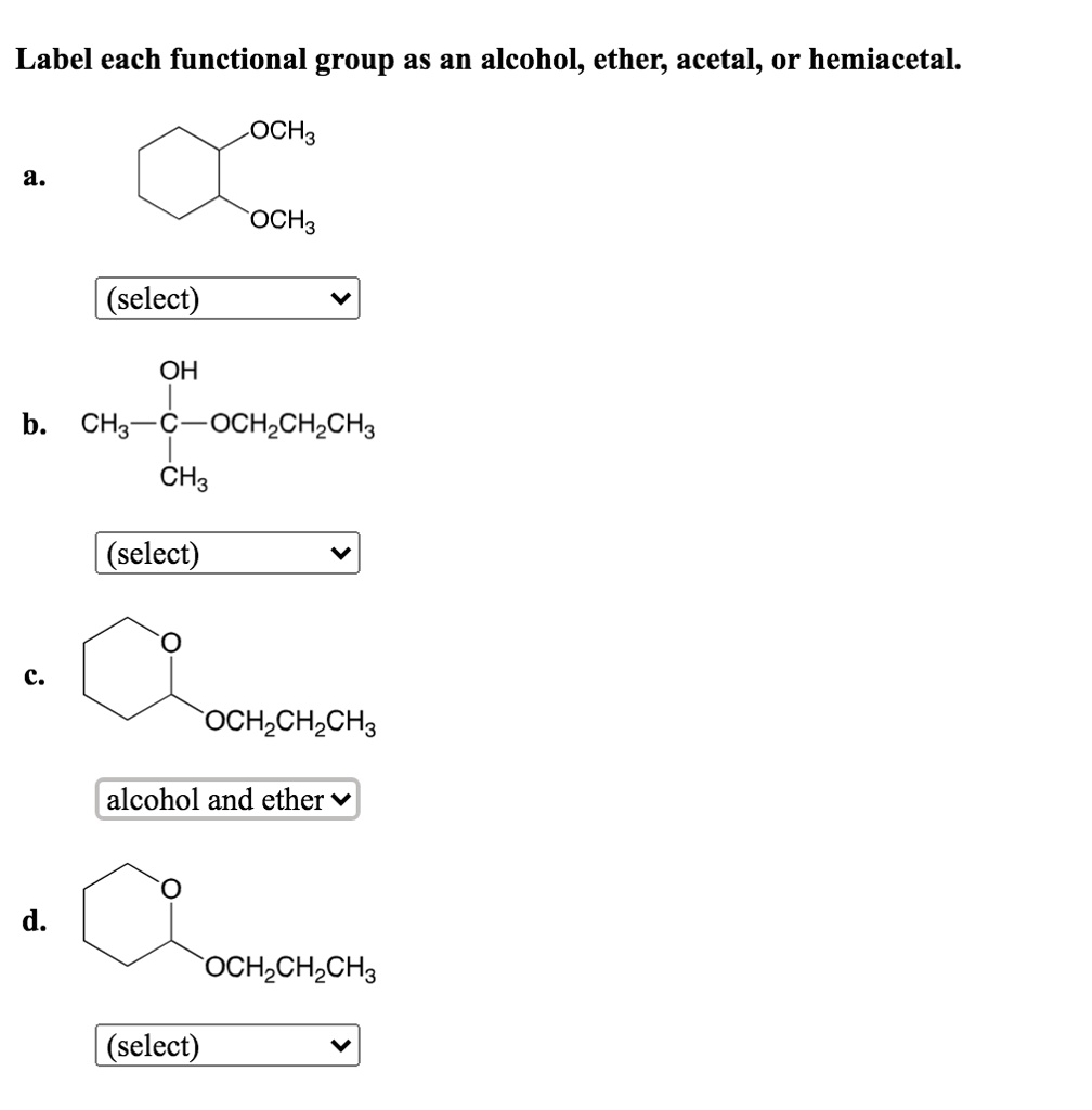 label each functional group as an alcohol ether acetal or hemiacetal a ...
