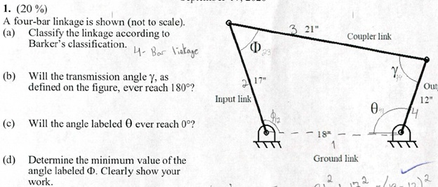 1. (20%) A four-bar linkage is shown (not to scale). (a) Classify the ...