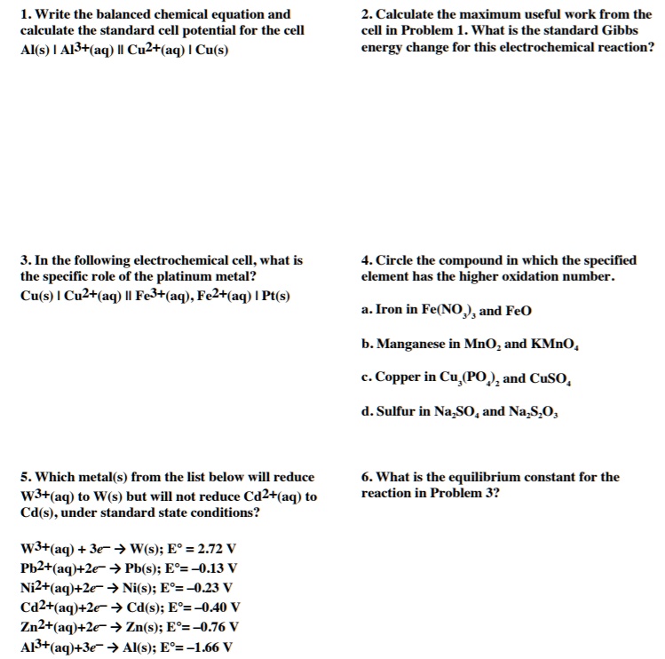 1 write the balanced chemical equation and calculate the standard cell ...