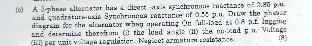 c a 3 phase alternator has a direct axis synchronous reactance of 086 pu and quadrature axis ...