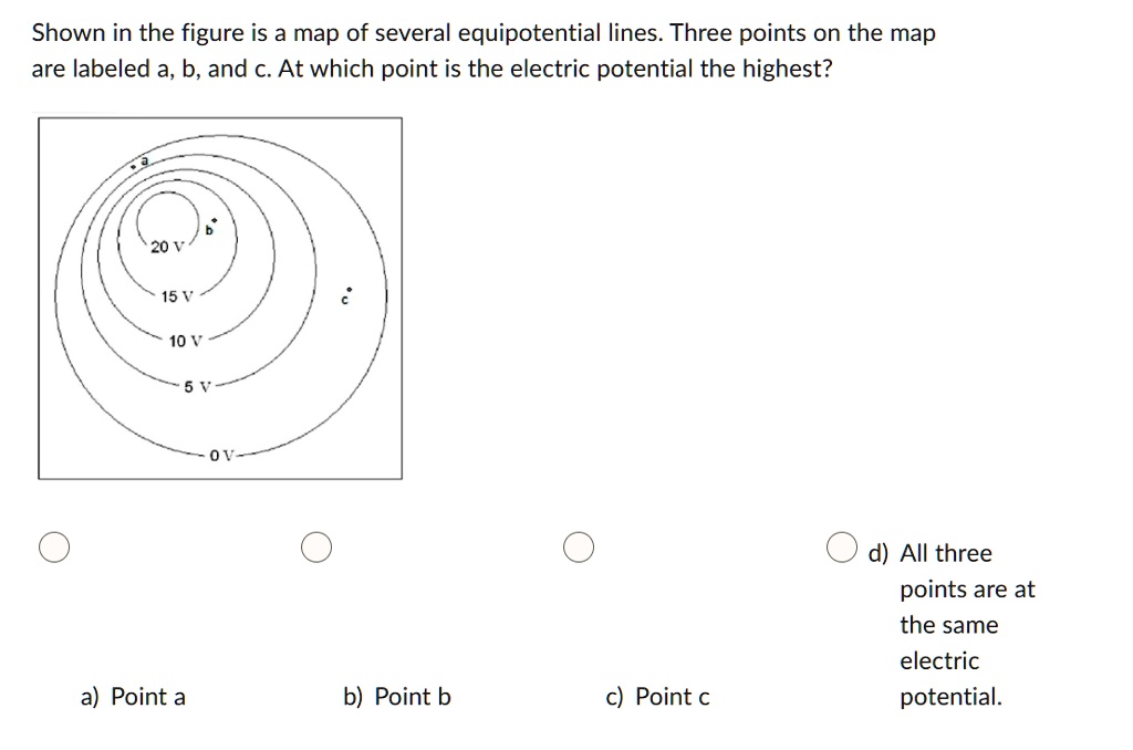 SOLVED: Shown in the figure is a map of several equipotential lines. Three points on the map are ...