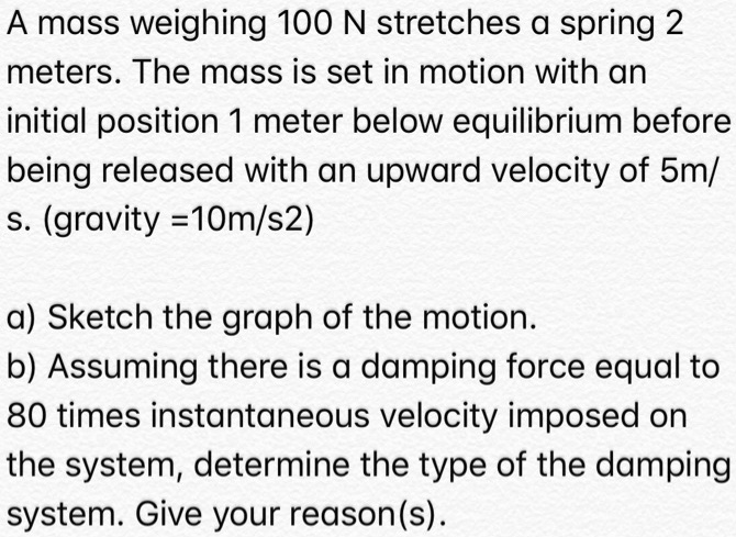 Solved A Mass Weighing 100 N Stretches A Spring 2 Meters The Mass Is