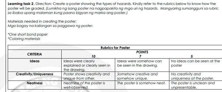 SOLVED: Learning Task 2. Direction: Create a poster showing the types of hazards. Kindly refer ...