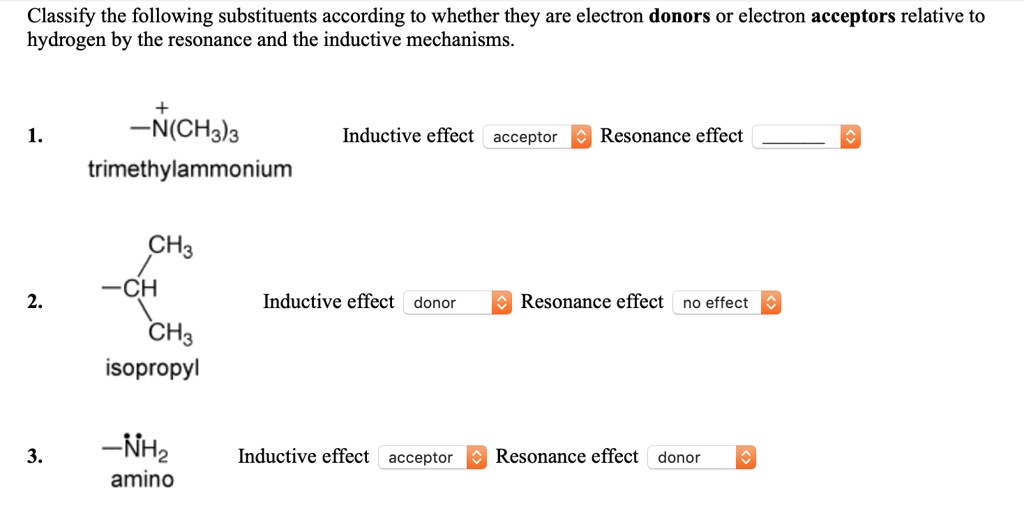 SOLVED: Classify the following substituents according to whether they are electron donors or ...